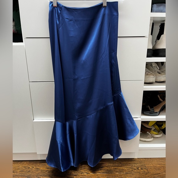 Yakira Bella | Skirts | Navy Satin Asymmetrical Midi Skirt | Poshmark